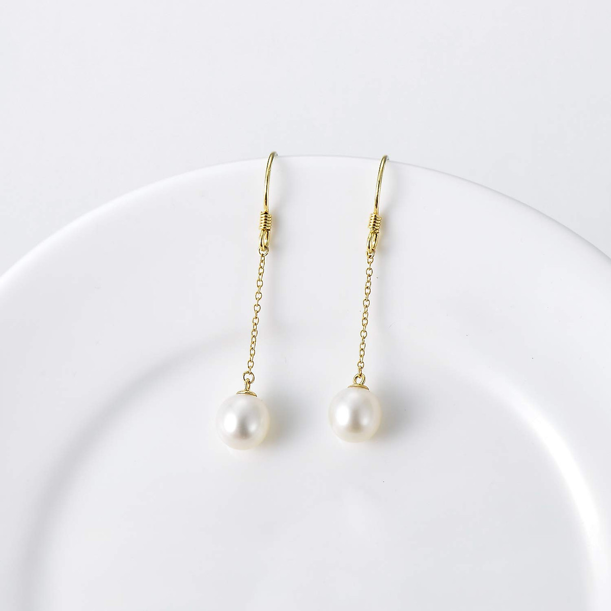 14K Real Gold Drop Pearl Earrings for Women, Yellow Gold 7mm Freshwater Cultured Pearls Threader Dangle Earrings Anniversary Jewelry Gifts for Her, Wife, Mom, Sister