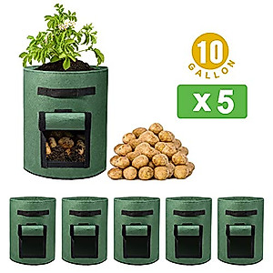 Delxo 5 Pack 10 Gallon Potato Grow Bags, Garden Planting Growing Bag with Flap, Double Layer Breathable Nonwoven Cloth for Potatoes/Planter/Vegetable/Tomato Fabric Pots with Handles Green
