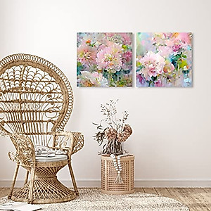 Wynwood Studio Floral and Botanical Modern Canvas Wall Art La Bloomia Set Living Room Bedroom and Bathroom Home Decor 30 in x 30 in Pink and Blue