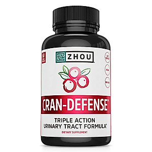 Zhou Nutrition Cran Defense, Cranberry Concentrate Urinary Tract Formula, Flush Out Impurities and Healthy Bladder Support, 3 in 1 Formula - Cranberry Extract, D-mannose, Vitamin C, Multi - 60 Count