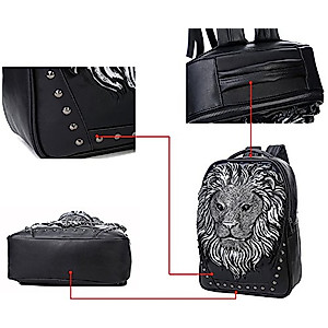 3D Animal Head Backpack, Studded PU Leather Cool Laptop Backpack College Bookbag (Lion-Gold) One Size