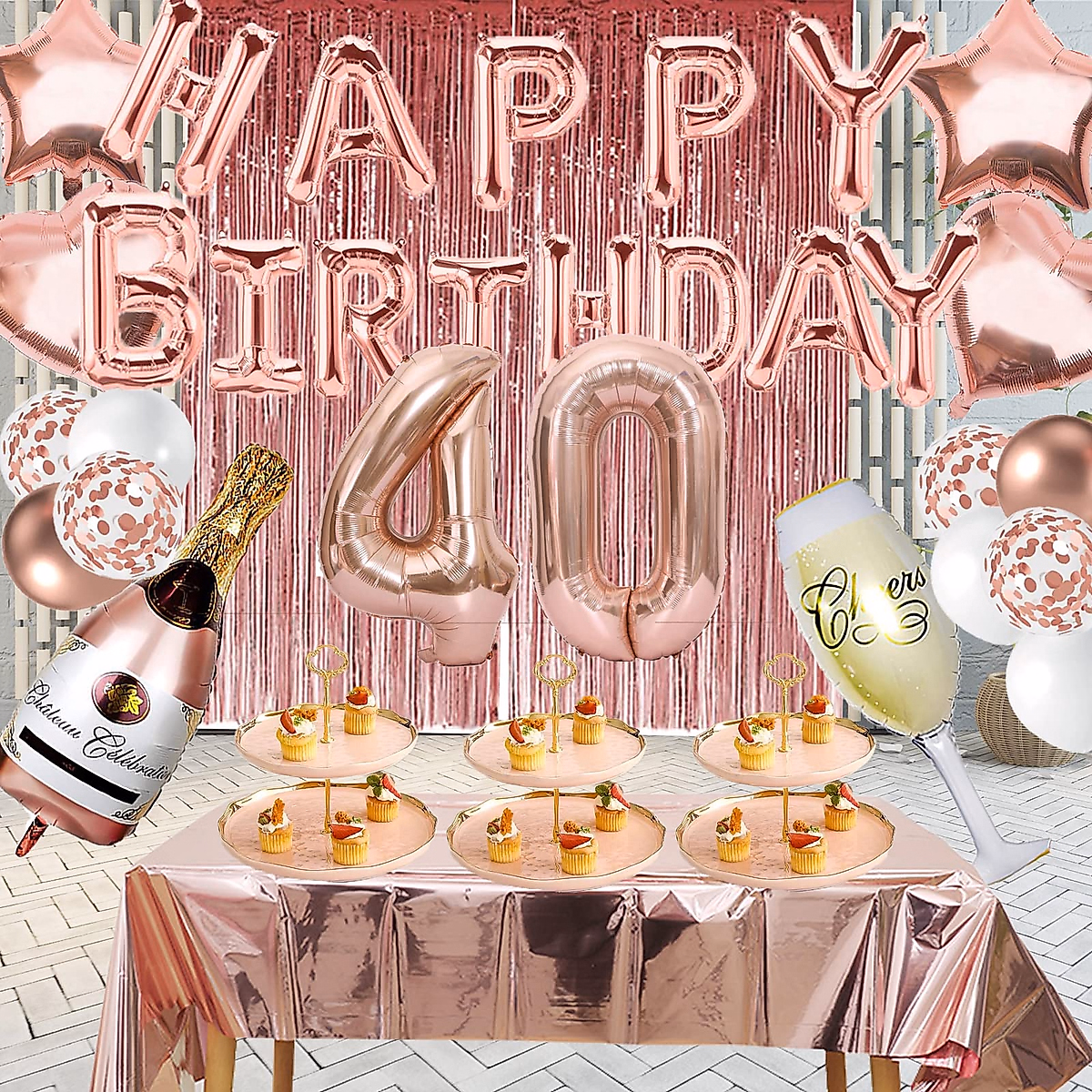 40th Birthday Decorations Women - Rose Gold 40 Birthday Decor for Her, Happy Birthday Banner, Table Cloth, Cake Topper, Bday Sash and Crown, Balloons Set for Forty Years Old Party Supplies