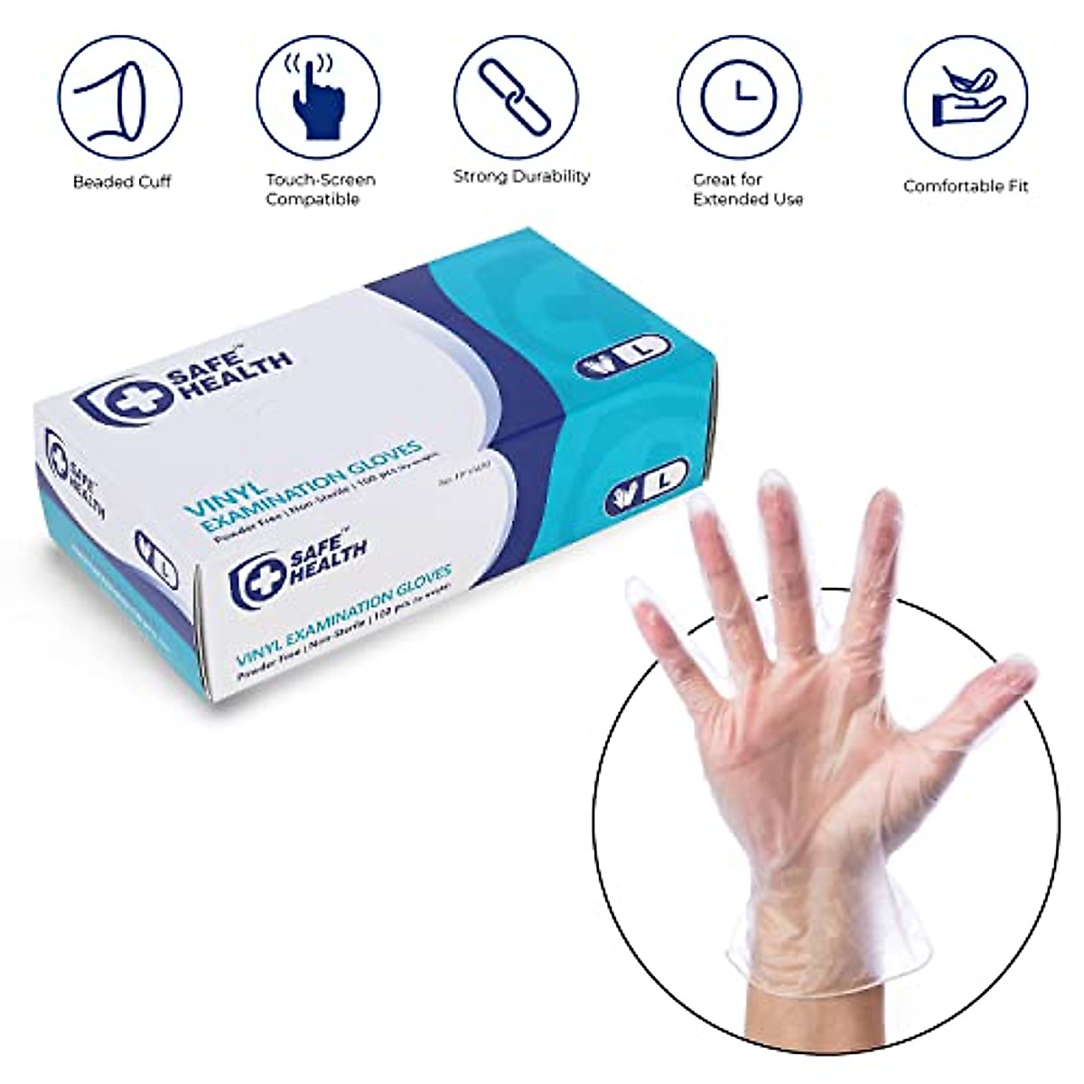 Safe Health Clear Vinyl Exam Gloves,S M L XL,100-Count 3 Mil Medical-Disposable Powder-Free Latex-Free Nursing-Office-Law Enforcement,Clear Large (L) Box of 100,FIY1043G