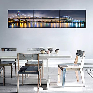 Living Room Wall Decor Astoria New York Skyline Wall Art Triboro Bridge Across East River At Night HD Poster Prints on Canvas 3 Pieces Moon landscape Home Decor Framed Ready to Hang 14x20 inch x3