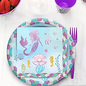 NAIWOXI Mermaid Birthday Decorations Tableware Girls - Mermaid Birthday Party Supplies, Paper Plates, Napkins, Cups, Cutlery, Little Mermaid Party Decorations For Baby Shower Birthday | Serve 24