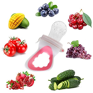 Baby Food Feeder, Fresh Food - 2 Pack Fruit Feeder Pacifier, 6 Different Sized Silicone Pacifiers | Baby Food Dispensing Spoon | Teether Baby Feeding Set | Fresh Frozen Fruit Teething Toy (Pink)