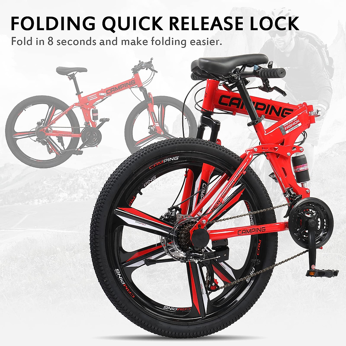 Ktaxon Foldable Mountain Bike 26 Inch Bike 21-Speed Bikes for Adults with Cool Design, Powerful Mechanical Dual Disc Brakes, Double Shock Effect and Ergonomic Cushion (Red)