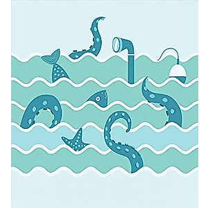 Lunarable Nautical Duvet Cover Sets, Octopus Tentacles Fish Starfish and Submarine Periscope Waves, Bedding Set with 2 Duvet Covers 4 Pillowcases, 2 Pack Cal King Size, Pale Blue Petrol Blue