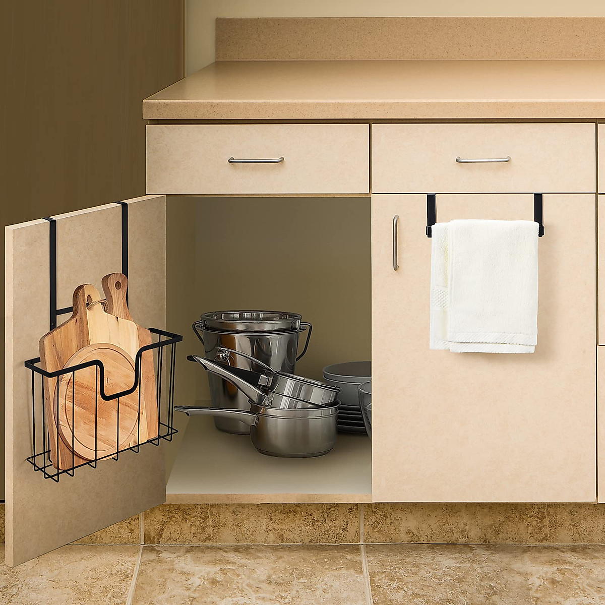 ORLESS 2-Pack Kitchen Cabinet Door Organizer, Over Cabinet Door Organizer with Towel Bars, Cabinet Door Storage for Cutting Board, Foil, Plastic Wrap, Baking Sheet, Cookie Sheet