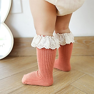HOUSEYUAN Infant Frilly Baby Girls Knee High Socks White Newborn Thigh Lace Ruffle Long Socks Toddler Tights Stockings 4 Pairs 0-12 Months