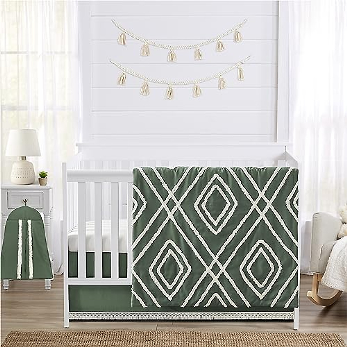 Sweet Jojo Designs Dark Green Boho Boy Girl Gender Neutral Baby Crib Skirt Bed Dust Ruffle Bedskirt Straight Nursery Hunter Sage Modern Bohemian Farmhouse Southwest Shabby Chic Fringe Diamond Tuft