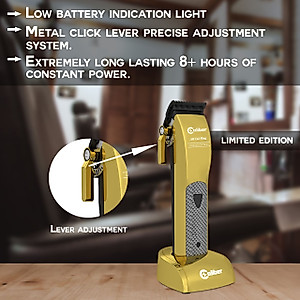 Caliber .50 Cal Limited Edition Clipper - Long Lasting 8+ Hours of Power - Ultra Low Noise Technology - Rechargeable Powerful Battery - Easy Zero Gap Cut - Hair Grooming Tool for Men (Gold)
