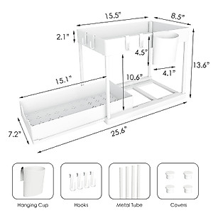 Usbalano 2-Tier Under Sink Organizer, Sliding Under Bathroom Cabinet Storage Drawer Organizer with Hooks, Hanging Cup, Multi-purpose Under Sink Shelf Organizer, White