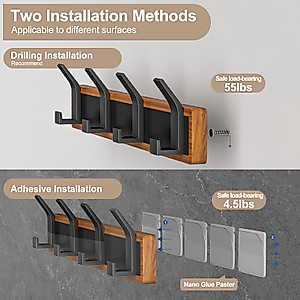FATASTY Coat Rack Wall Mount-Solid Walnut Wall Coat Rack with 4 Black Aluminum Wall Hooks for Hanging Coats, Backpacks, Bags, Towels. Coat Hooks Wall Mount for Entryway, Bathroom, Bedroom