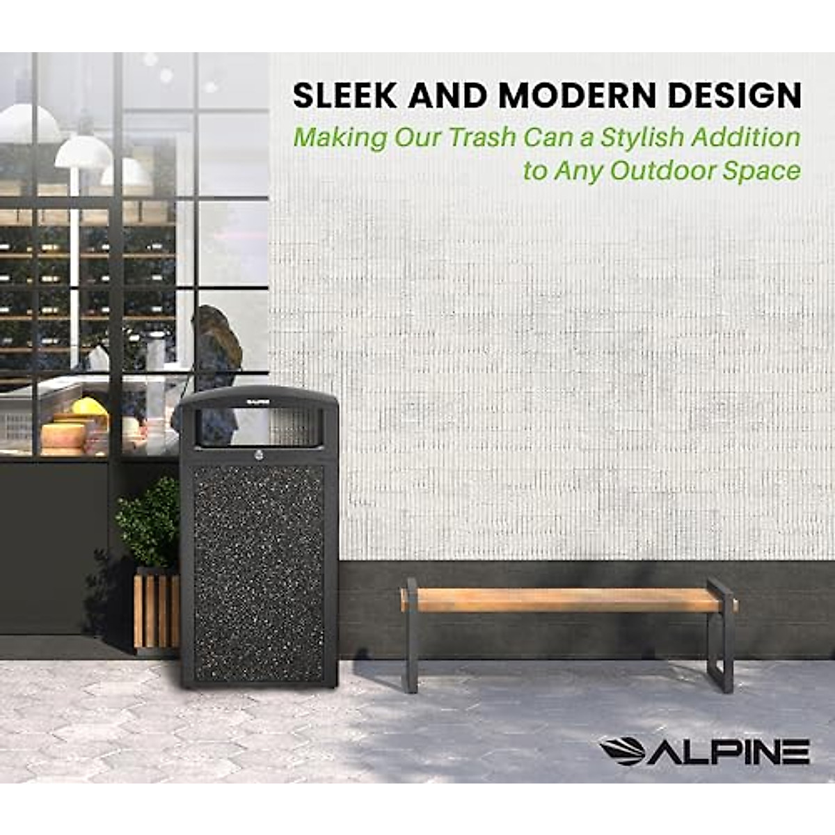 Alpine Indoor & Outdoor Commercial Trash Can with Lid - 40 Gallon Heavy Duty Metal Garbage Can with Removable Bin, Locking Lid for a Modern Look in Patio, Pool, Deck, Office Black, Grey Stone Panels