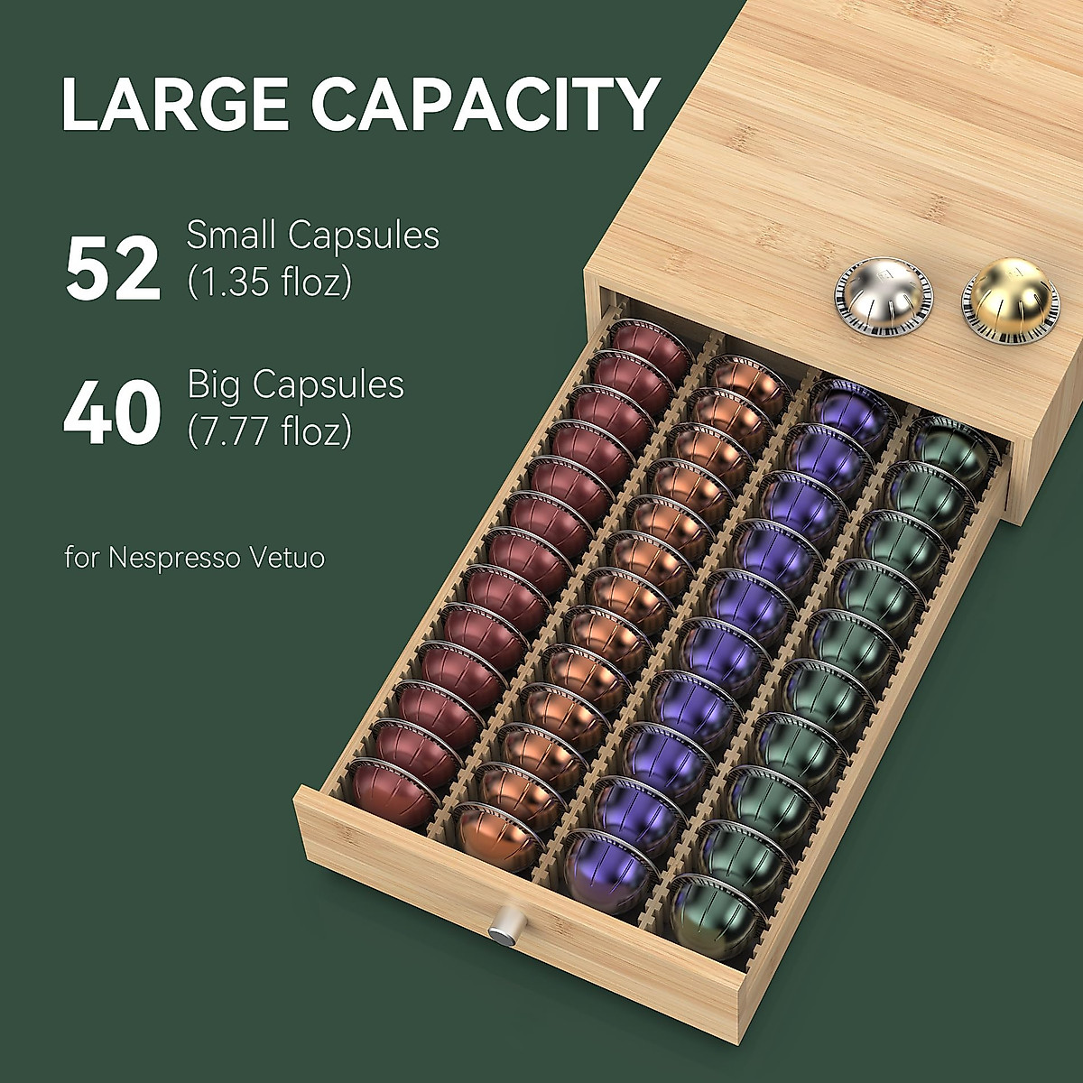 WELL WENG for Nespresso Vertuo Capsules (NV140) - Premium Bamboo Coffee Pod Drawer, 40 Big or 52 Small Vertuoline Pods Organizer Holder - 15.6'' Deep by 3.9'' High (Natural)