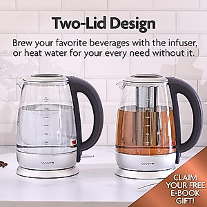 Vianté Electric Glass Tea Kettle with Removable Infuser. Hot tea infuser Pot for Loose Leaf & Bagged Tea. BPA-FREE. Stainless Steel & Borosilicate Glass. LED Illuminated. 1.7 Liters capacity.