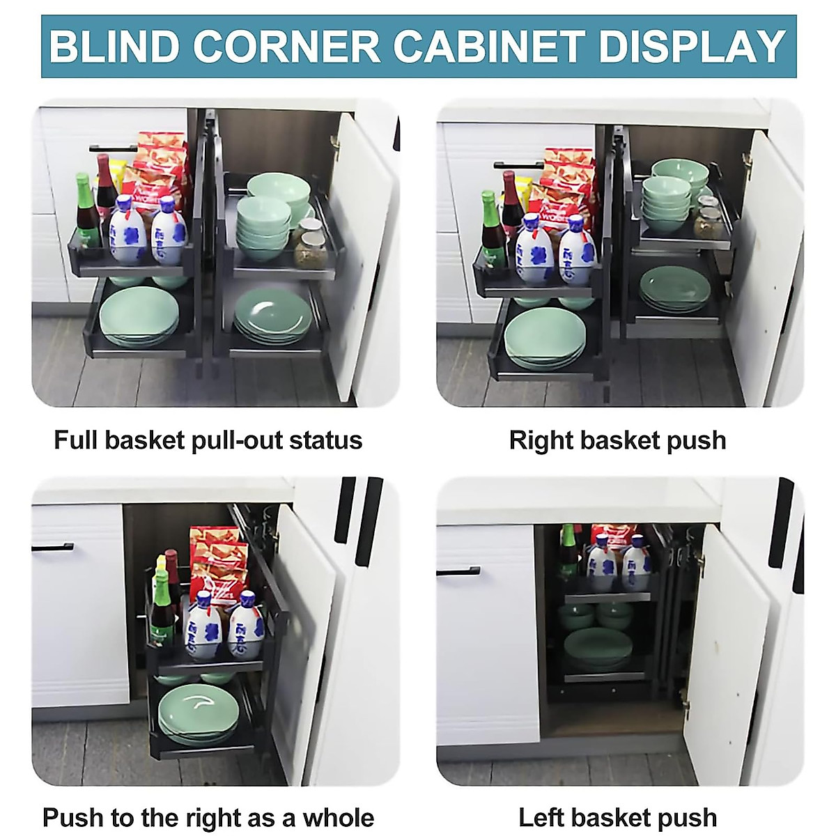 QLYFWLKQ Blind Corner Cabinet Pull Out Organizer, 2 Tier 4 Shelf Chrome Blind Corner Soft Close, Corner Kitchen Cabinet Pull Out Storage Rack Shelf