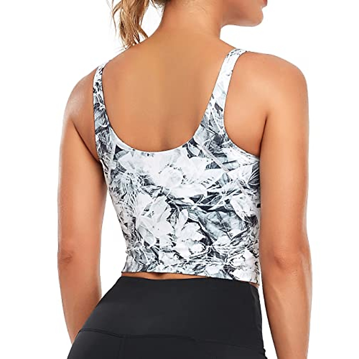 Oalka Sports Bra Womens Longline Padded Crop Tank Yoga Bras Workout Fitness Top Heart Floral Leaf White S