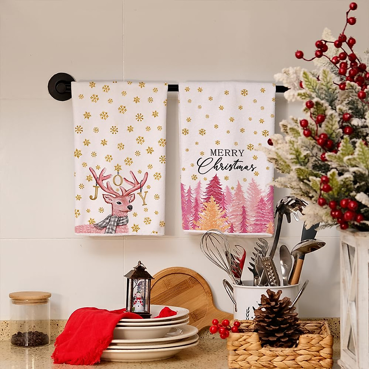 ARKENY Christmas Kitchen Towels Set of 2,Pink Xmas Tree Merry Christmas Dish Towels 18x26 Inch,Hoilday Farmhouse Home Decoration AD105