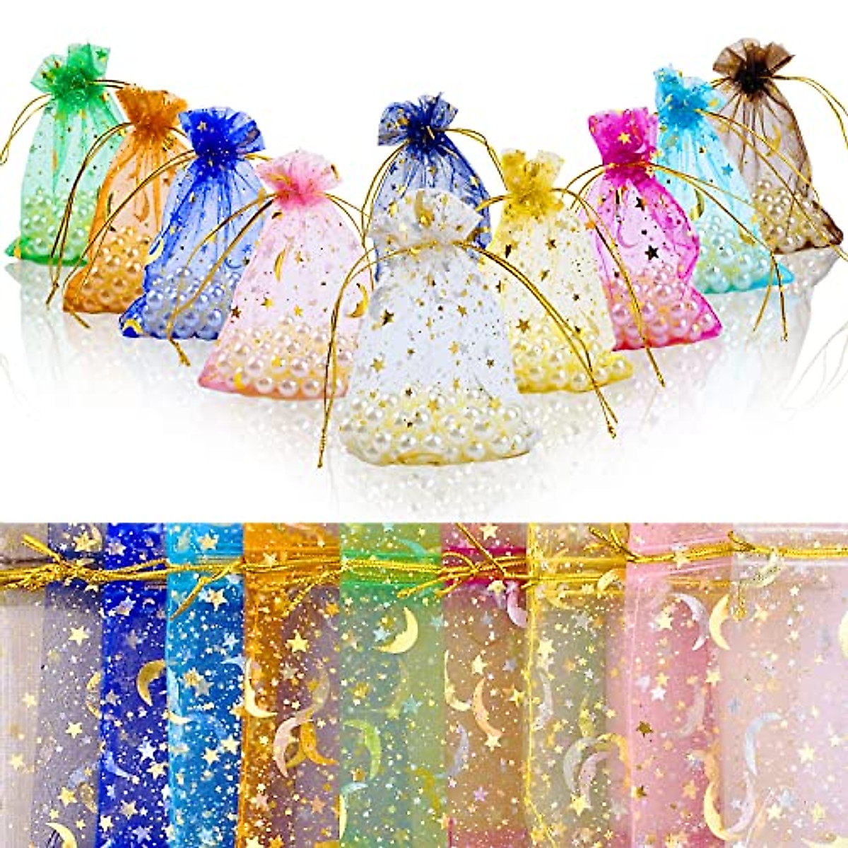 100 Moon Stars Drawstring Organza Present Bags, Moon Star Organza Jewelry Gift Pouch Candy Pouch Drawstring Wedding Favor Bags (Color mixing, 3.5 x 4.7 inch)