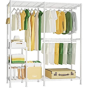 Ulif E2 Heavy Duty Garment Rack, 4-Tier Adjustable Free Standing Closet, Closet Organizers and Storage with 3 Hanger Rods for Bedroom and Cloakroom, 65”W x 14.5”D x 78.3”H, Load Capacity 750LBS, White