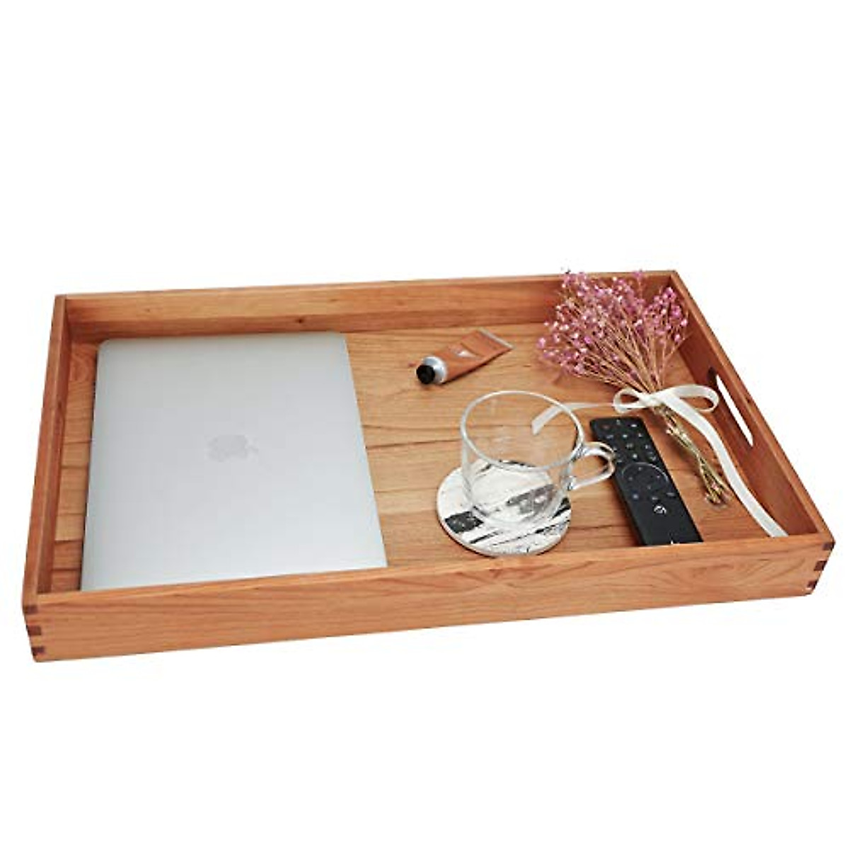 MAGIGO 22 x 14 Inches Large Rectangle Cherry Wood Ottoman Tray with Handles, Serve Tea, Coffee or Breakfast in Bed, Classic Wooden Decorative Serving Tray