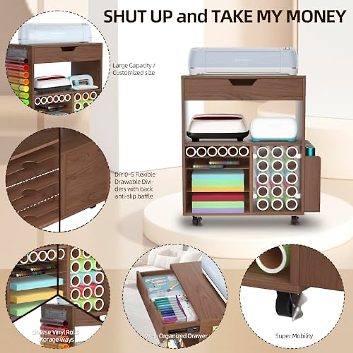 Storage Cart Organizer Compatible with Cricut Machines,Rolling Craft Cart with Extra 12 Vinyl Roll Holders,Crafting Organizer Desk Cabinet Workstation for Craft Room Home