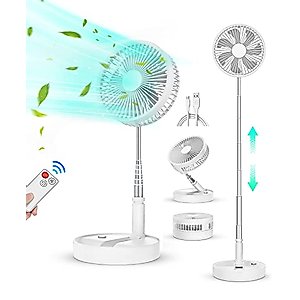 Portable Foldable Fan for Travel - 7200mAh Rechargeable Battery Folding Standing Table Fan with 4 Speeds - 7.8'' Super Quiet Collapsible Pedestal Fan with Remote for Home Bedroom Office, White
