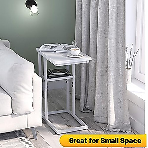 2 Tier C Shaped End Table with Metal Frame, Sturdy C Table Side Table for Couch Sofa Bedside Small Space, C Snack Table TV Tray Record Player Stand Small Tables for Living Room Bedroom, White