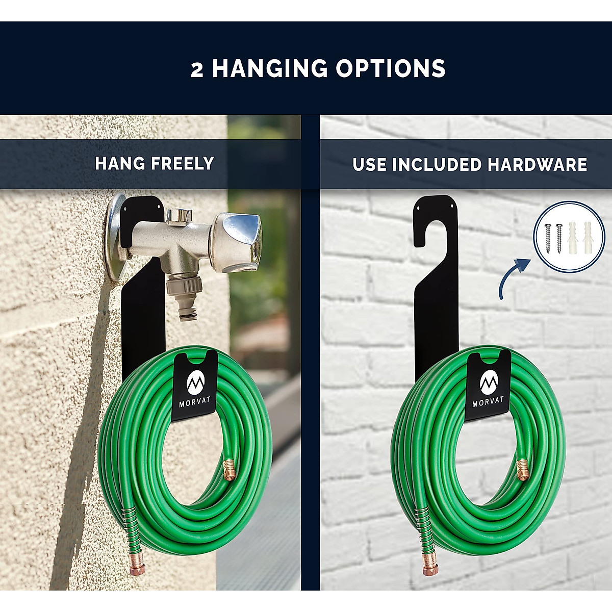 Morvat Premium 150 Ft Hose Hanger with Rust Resistant Metal, Organize Your Garden, Garage & Outdoor Storage Area, Wall Mount Holder or Hang/Hook Over Water Spigot with Included Screws