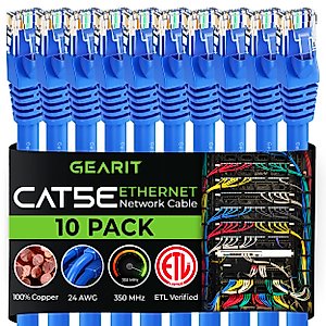 GearIT 10-Pack, Cat5e Ethernet Patch Cable 10 Feet - Snagless RJ45 Computer LAN Network Cord, Blue - Compatible with 10 Port Switch POE 10port Gigabit