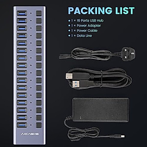90W Powered USB Hub - ACASIS 16 Ports USB 3.0 Data Port, Aluminum Housing, Individual On/Off Switches, 12V/7.5A Power Adapter, USB Charging Hub/USB Splitter for Laptop, PC, Computer, Printer