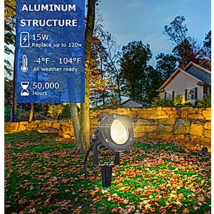 SUNVIE 15W Landscape Lighting LED Spotlight Outdoor 120V AC Waterproof Landscape Lights Spot Lights for Yard with Spiked Stake Warm White Flag Lights Garden Decorative Lamp with US 3-Plug in (2 Pack)