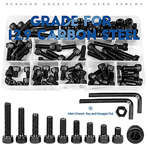 NINDEJIN M3 Small Metric Screws with Nuts, M3 Small Hex Socket Head Cap Screw, Carbon Steel Screw Bolts and Nuts Assortment Kit with Wrench Key, Replacement Machine Fastener Screws and Bolts Nuts