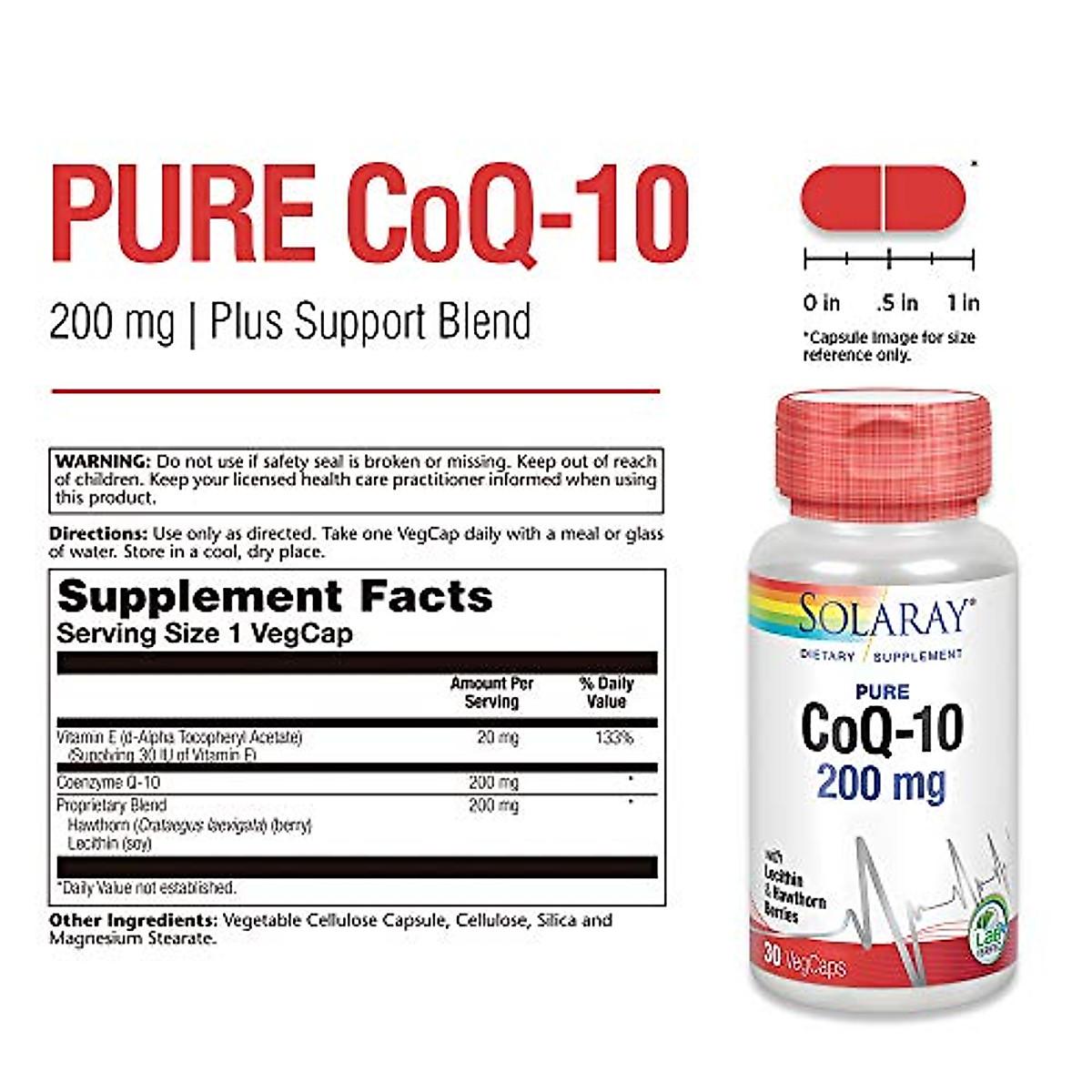 SOLARAY Pure CoQ-10 200 mg | Healthy Heart Function & Cellular Energy Support | Enhanced with Herb Blend | 30 VegCaps