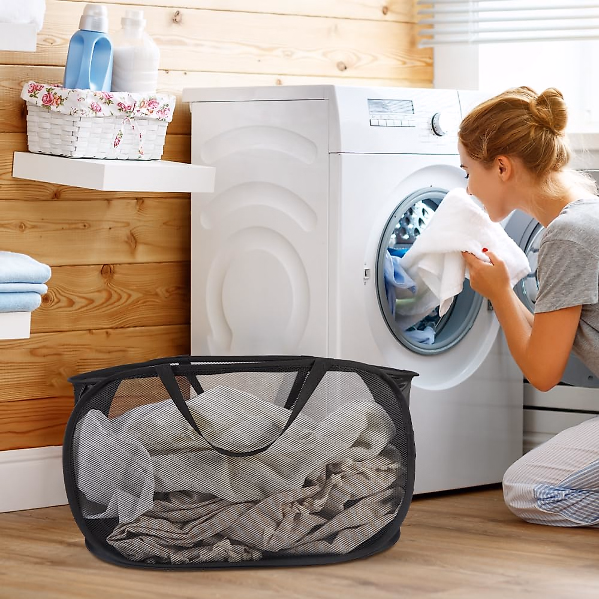 Collapsible Laundry Baskets, Durable Mesh Laundry Hamper with Handles, Portable Foldable Laundry Basket for Dorm, Bathroom & Travel