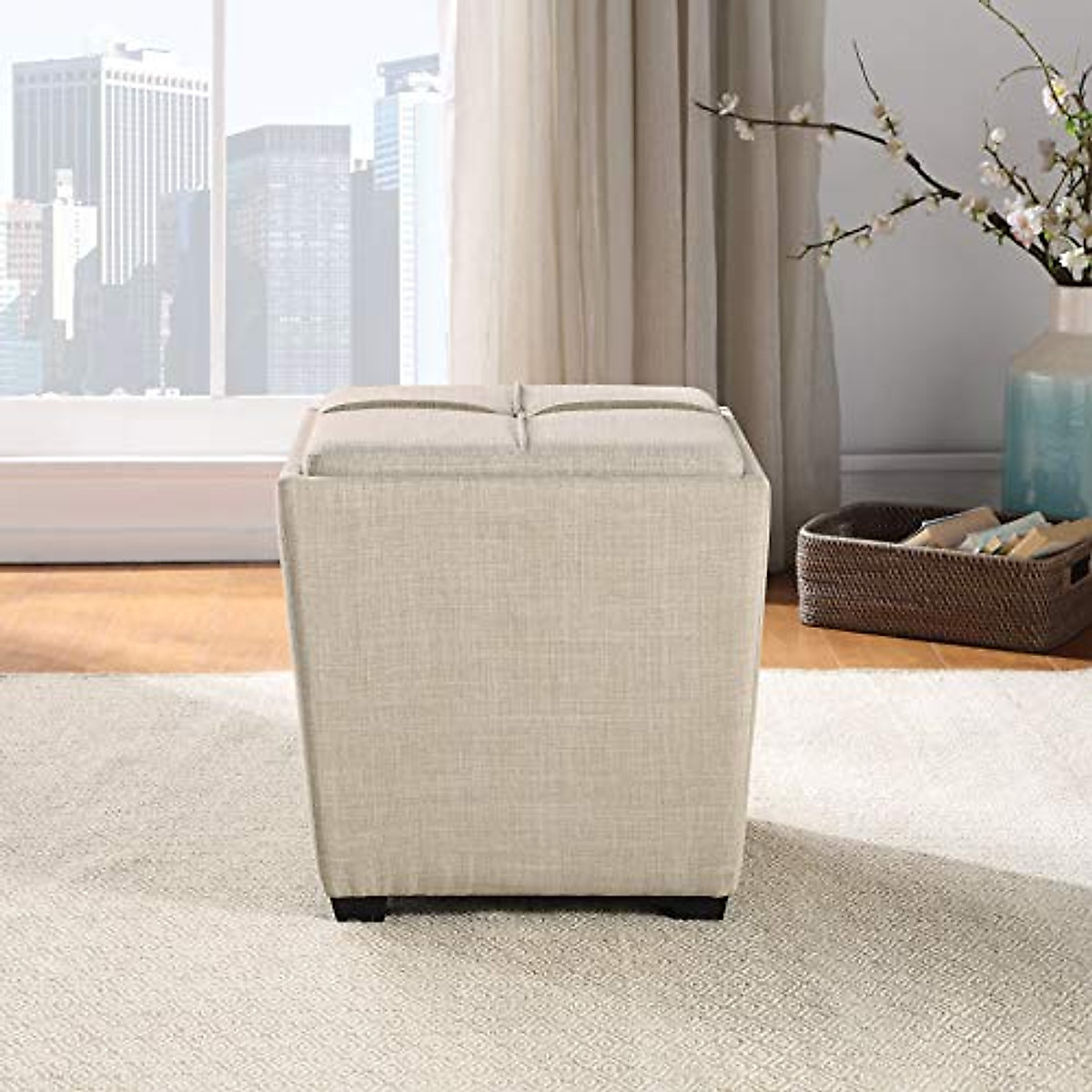OSP Home Furnishings Ave Six Rockford Square Storage Ottoman with Padded Upholstery and Hidden Serving Tray, Cream Fabric