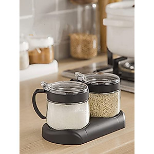 Glass Condiment Spice Jars,12oz/350 ml Condiment Jar Spice Container with Lids and Spoons and Tray,Clear Glass Condiment Canisters,3Pack Seasoning Box Bowl Set for Sugar Pepper,for Kitchen,Counter