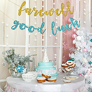Halodete Farewell Good Luck Banner, Retirement Banner, Farewell, Going Away, Job Change, Adventure Awaits Celebration Party Garland Bunting Decorations - Gold Blue Glitter