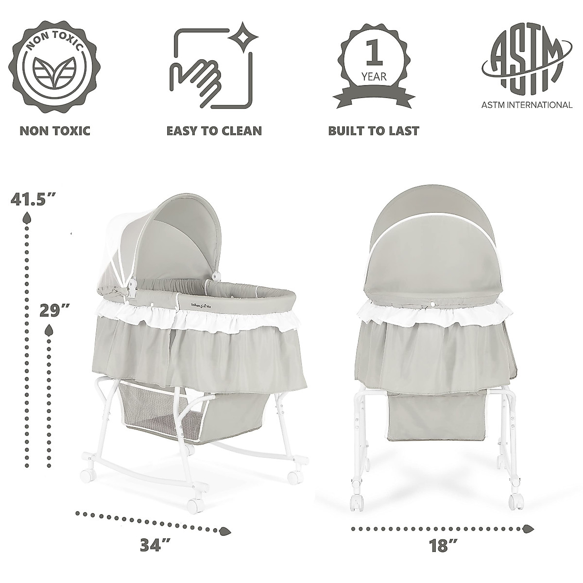 Dream On Me Lacy Portable 2-in-1 Bassinet & Cradle in Light Grey, Lightweight Baby Bassinet with Storage Basket, Adjustable and Removable Canopy