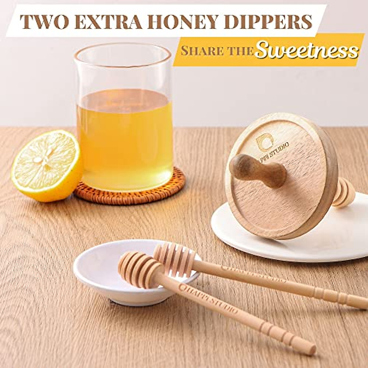 HAPPI STUDIO Honey Pot - Airtight 13 Oz Honey Jar and Dipper Set - Honey Jars with Dipper - Honey Dipper Stick and Jar Set - Glass Honey Dispenser - Honey Containers with Wooden Honey Dipper
