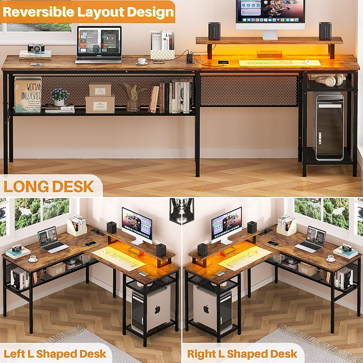 Hyomdeck Reversible L Shaped Computer Desk with Power Outlet & Monitor Stand, 55 Inch Gaming Desk with RGB LED Light, Sturdy Office Corner Desk with Storage Shelf, Easy to Assemble, Rustic Brown