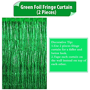 Green Fringe Curtains Backdrops 2 Pack, Foil Fringe Curtains Door Streamers for Birthday Wedding Bridal Shower Holiday Graduation Party Decorations