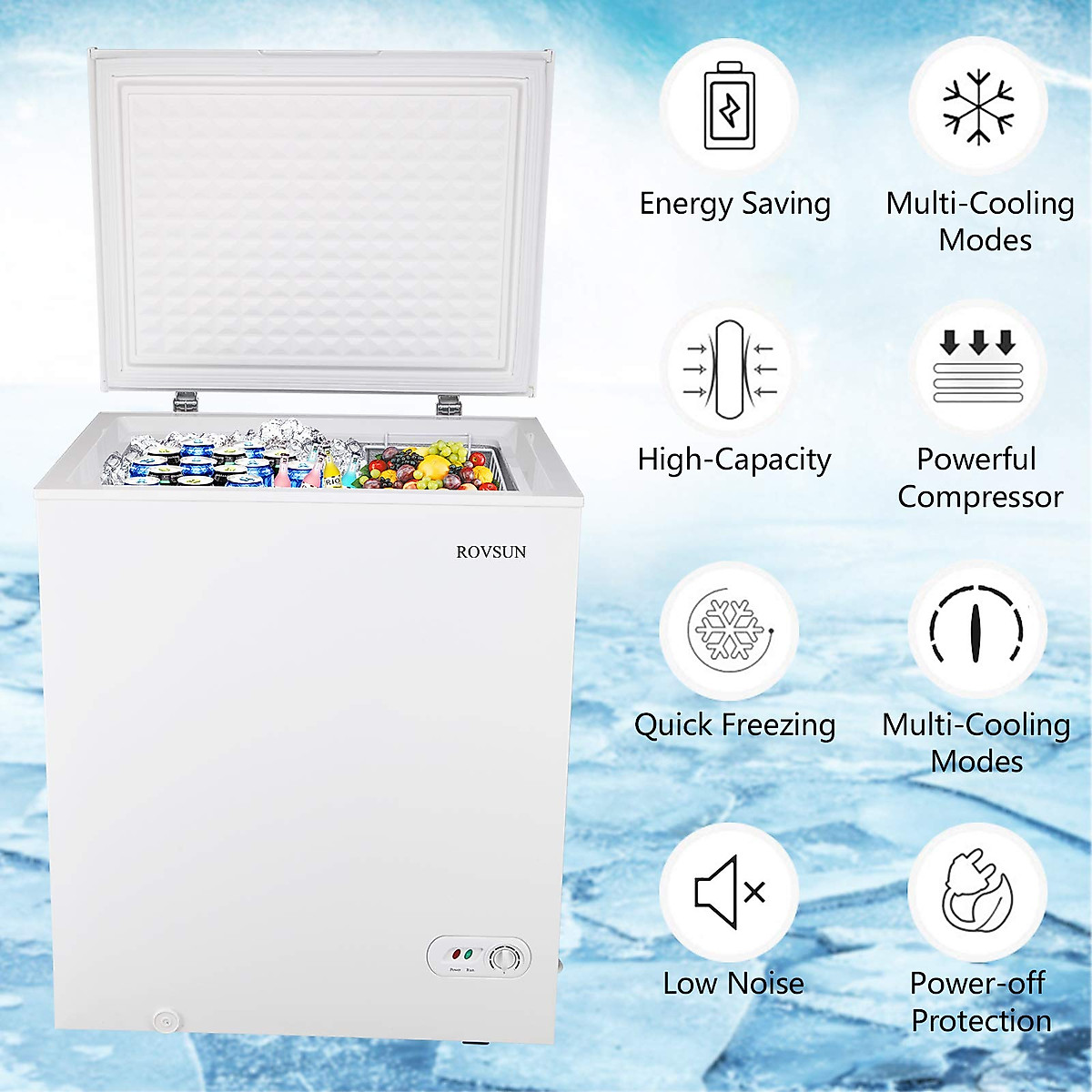ROVSUN 5.0 Cubic Feet Chest Freezer, Compact Deep Freezer with Storage Basket, Adjustable Thermostat, Ideal for Home Kitchen Office, White