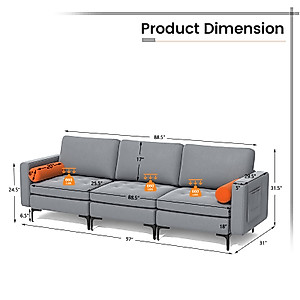 Giantex 97" Sectional Sofa Couch, 3-Seater Modular Sleeper with USB Ports 3-Hole Socket, Thick Cushion, 2 Bolsters, Armrest Magazine Pocket, Metal Legs, for Living Room Reception Bedroom Office