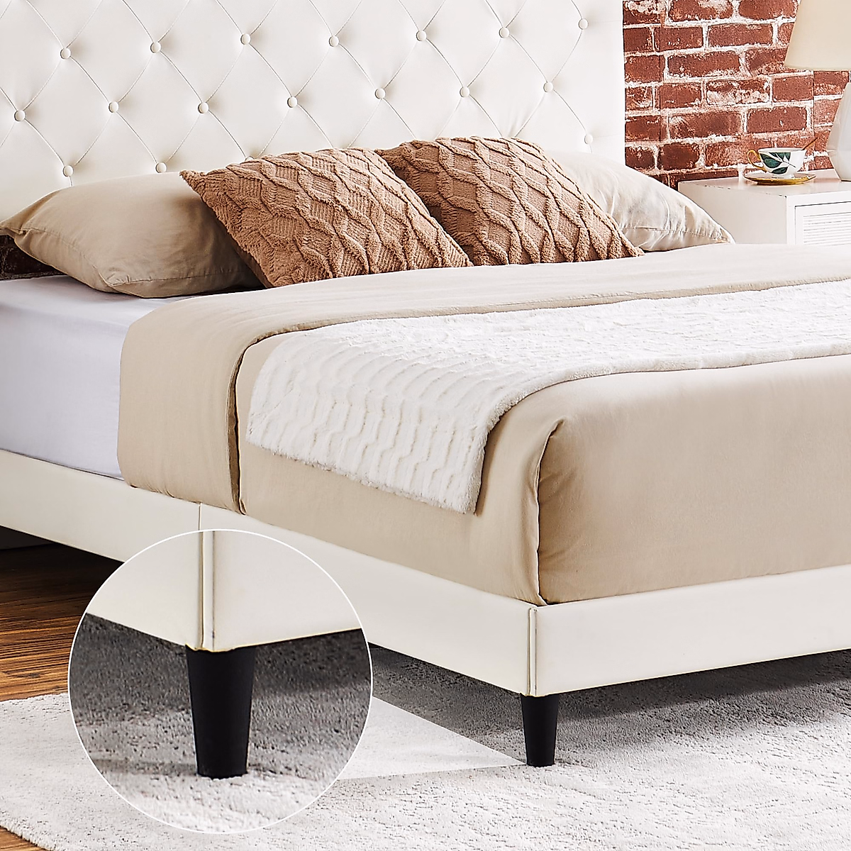 IDEALHOUSE Queen Bed Frame with Headboard Adjustable, Leather Platform Bed Upholstered Queen Size, Button Tufted Mattress Foundation, Wooden Slat Support, No Box Spring Needed, White