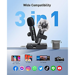 MENERESAS Mini Microphone, 3 in 1 Wireless Lavalier Microphones for iPhone, iPad, Camera and Android Devices, Noise Reduction Lapel Mic, Clip on Mic for Video Recording Vlog, YouTube, Interview