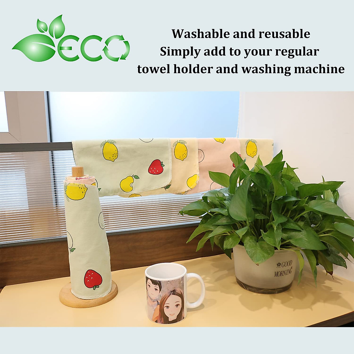 Bamiketty Reusable Paper Towels, Pack 15 Reusable Paper Towels with Durable Cardboard Roll, Cotton Flannel Towel Reusable Napkin, Zero Waste Washable Napkins, Super Soft Paperless Kitchen Cloth