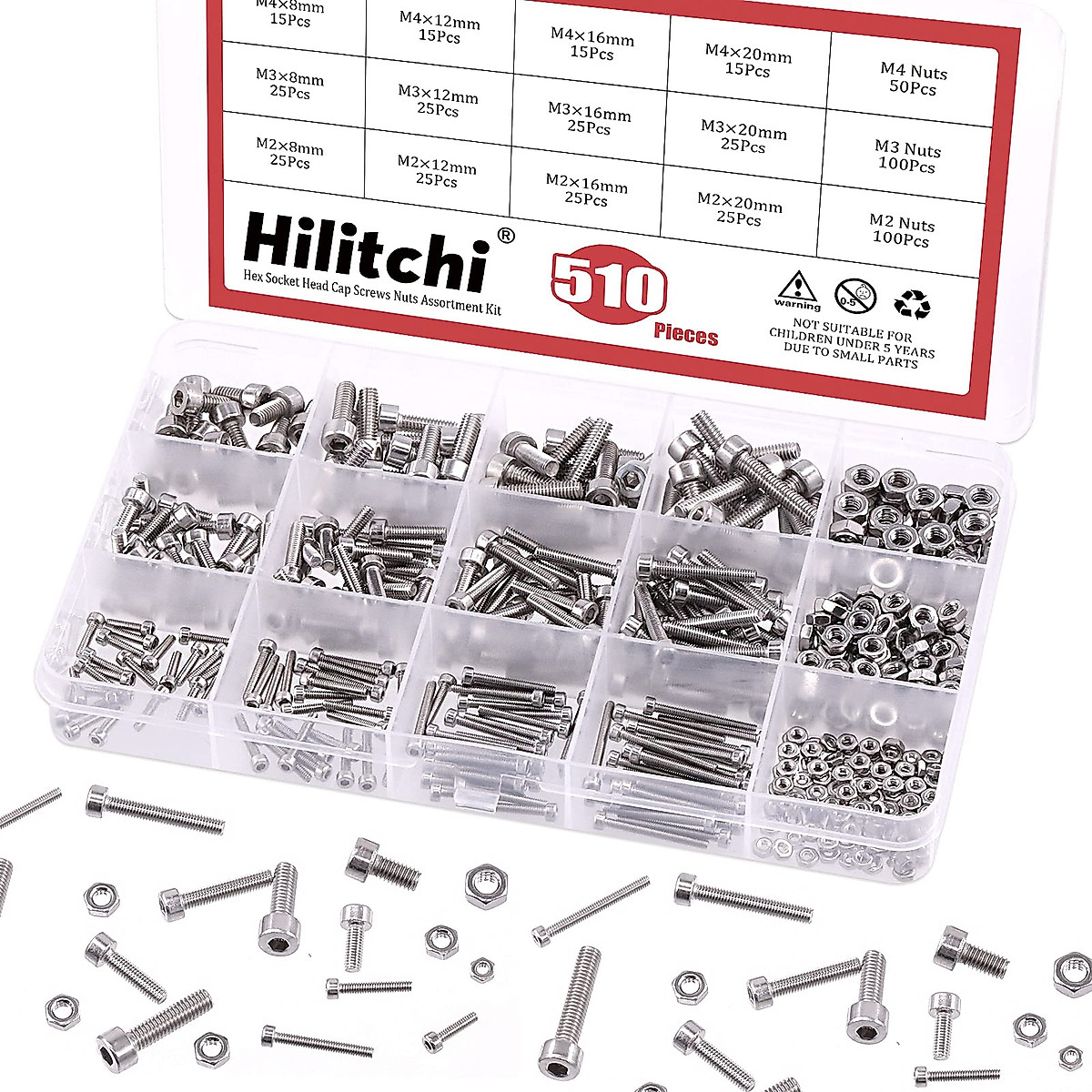 Hilitchi 510-Piece M2 M3 M4 Stainless Steel Hex Socket Head Cap Screws Nuts Assortment Kit with Box - 304 Stainless Steel